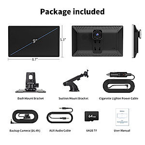 Portable Apple Carplay Screen for Car, 9" Wireless Apple Carplay & Android Auto,4K Dash Cam,1080p Backup Camera DVR,Car Audio Receivers GPS Navigation Mirror Link, Bluetooth,FM, Siri