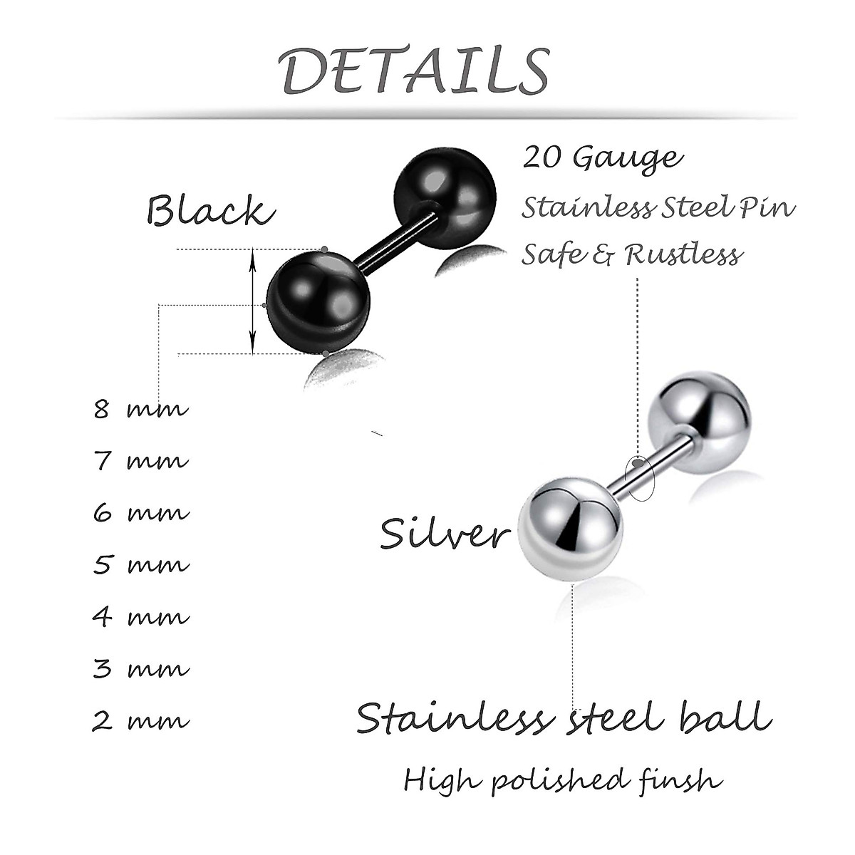 Tornito 14 Pairs Stainless Steel Ball Stud Earrings Barbell Cartilage Tragus Helix Ear Piercing For Men Women 2-8mm Silver Black