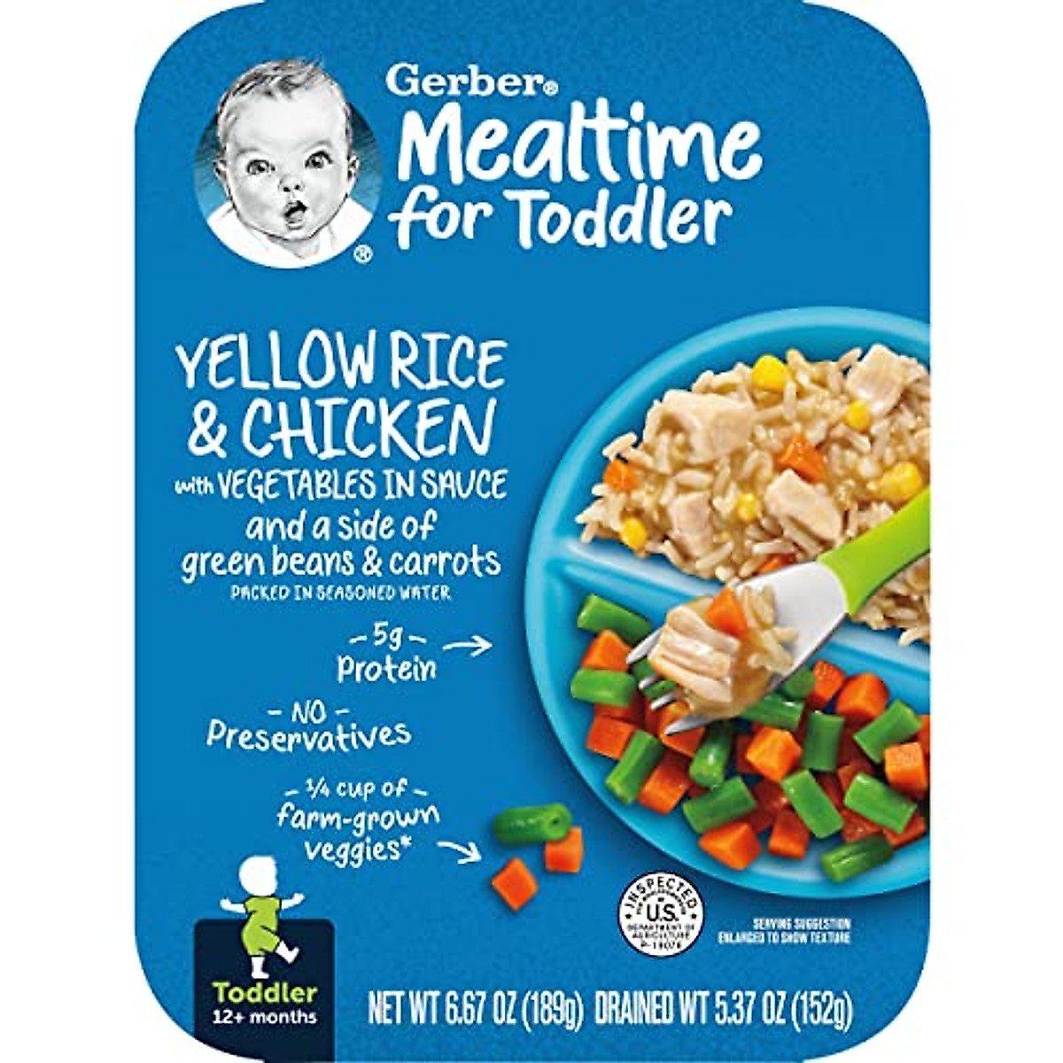Gerber Mealtime for Toddler Yellow Rice & Chicken with Vegetables in Sauce & Side of Green Beans & Carrots, Packed in Seasoned Water, 6.67 OZ (Pack of 8)