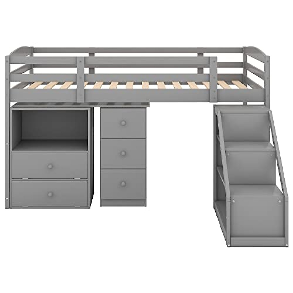 ERDAYE Twin Size Wooden Loft Bed Frame with Multifunctional Movable Built-in Desk, 5 Drawers and Staircase Bring Storage Shelf for Bedroom Guest Room Furniture, Gray