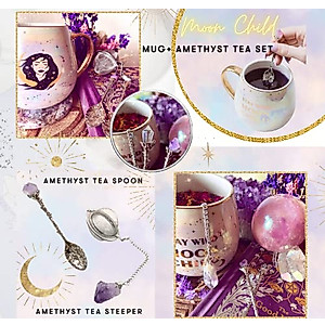 HOLY SANTO Fancy Coffee Mug Gift Set - Stay Wild Moon Child Witchy Mug with Crystal Spoon and Crystal Tea Infuser - Goth Novelty Mugs for Women Wife Mothers Day Witch Gifts, 500ml Ceramic Tea Cup