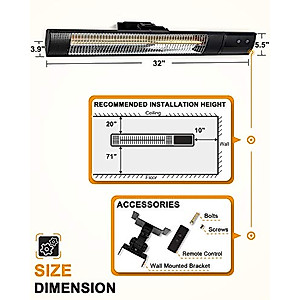 Star Patio Electric Patio Heater, Outdoor Wall Mounted Heater, Infrared Heater with Remote, Instant Heating1500W, IP55 Waterproof Outdoor Heaters, Without Bright Light, STP2580-RM-S