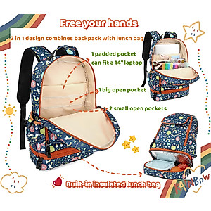 Leaper Water-resistant Cute Rainbow Laptop Backpack Double Deck Lunch Bag Satchel Dark Blue