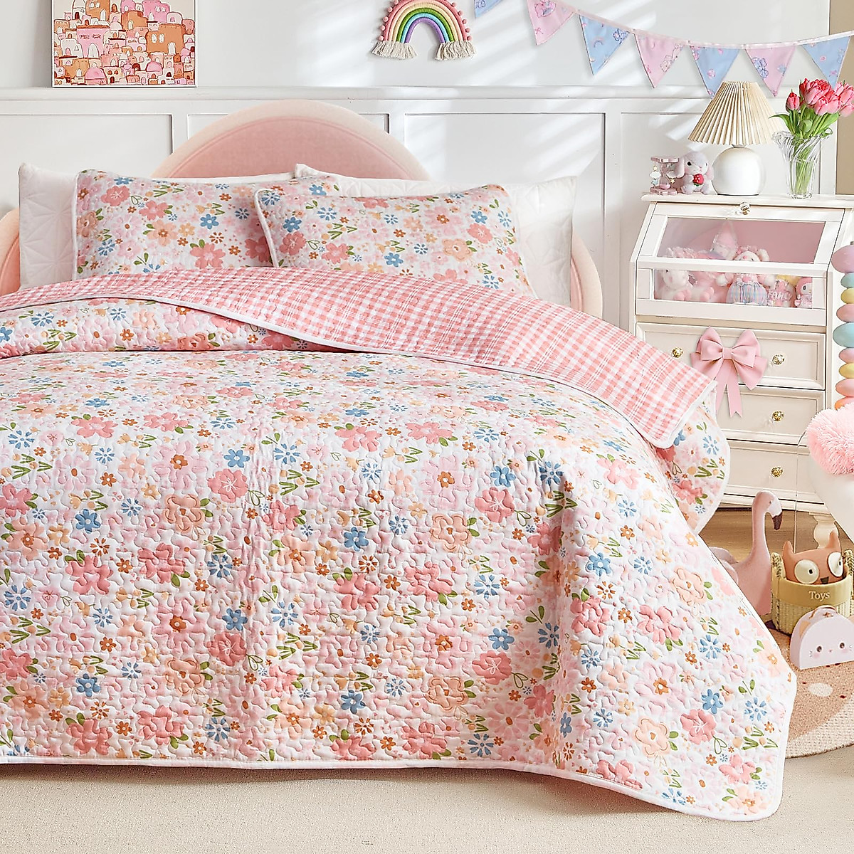 Joyreap 3 Pieces Cotton Quilt Set for Girls, Full/Queen Size Floral Pink Flowers Design, Cozy Lightweight Quilt Bedspread Bed Cover for All Season, 1 Quilt and 2 Pillow Shams- 90x90 inches