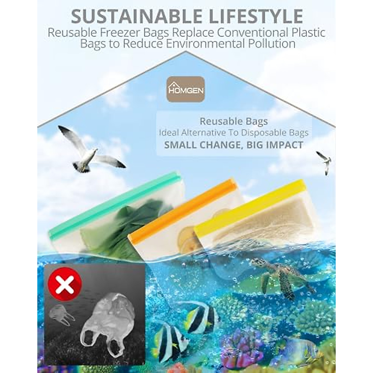 HOMGEN Reusable Storage Bags, 26Pcs BPA Free PEVA Fridge Reusable Storage Bags Leak Proof Resuable Freezer Bags, Reusable Gallon Bags, Reusable Sandwich Bags for Meat Fruit Veggies etc