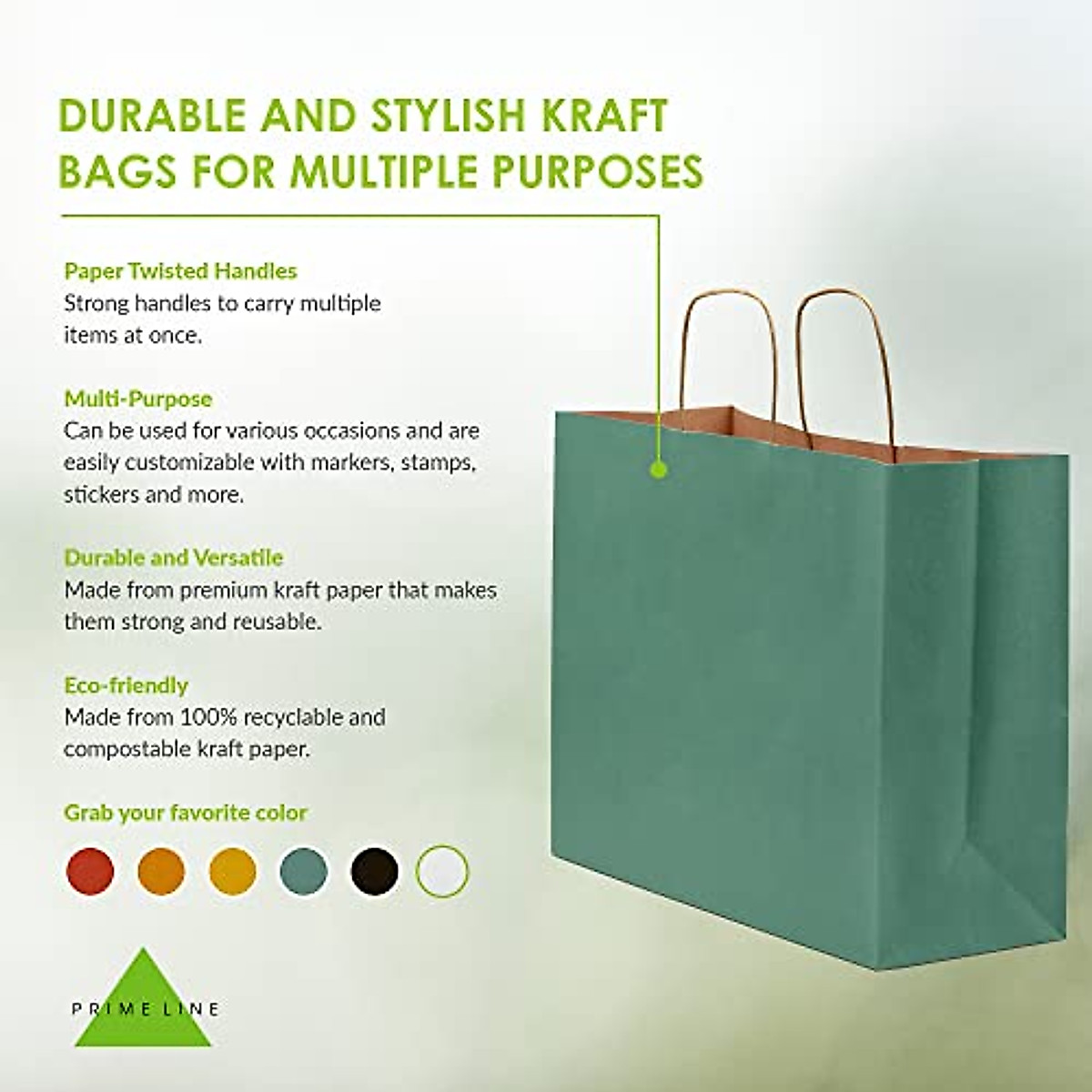 Green Gift Bags - 16x6x12 Inch 100 Pack Large Kraft Paper Shopping Bags with Handles, Craft Totes in Bulk for Boutiques, Small Business, Retail Stores, Birthday Parties, Jewelry, Merchandise