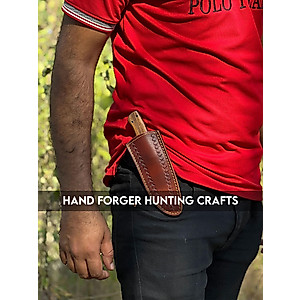 Hand Forger Hunting Crafts 10" Damascus Steel Gut Hook Full Tang Fixed Blade Hunting Knife with Sheath - Stag Horn Antler Handle (Rose Wood)