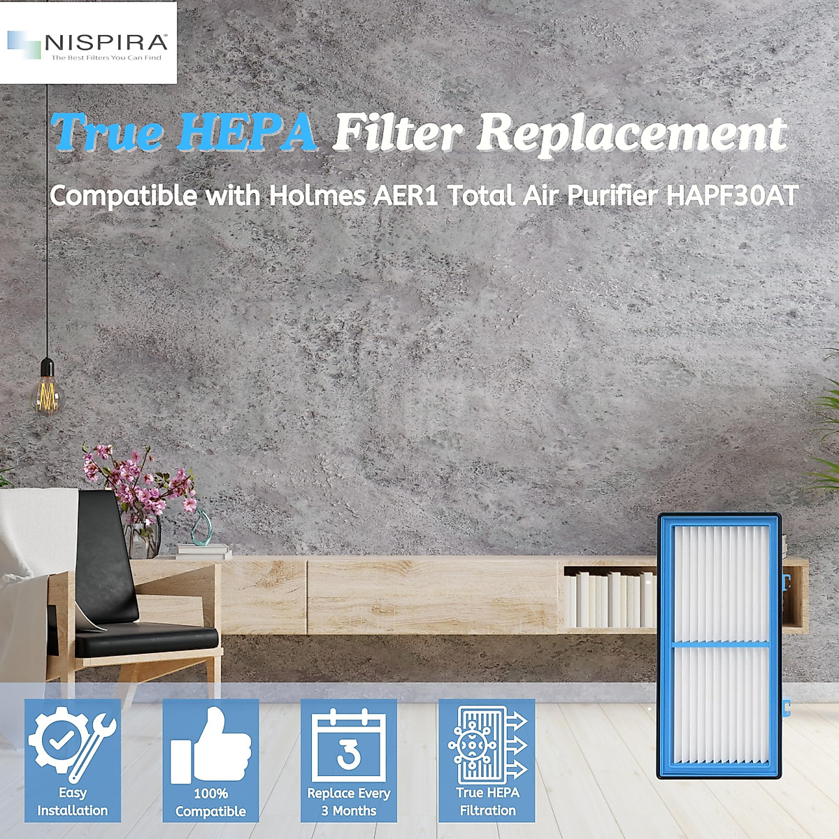 Nispira AER1 Filter Replacement for Holmes Air Purifier HAPF30AT HAP242-NUC Total Air True HEPA 1 Pack, 1.2 x 10 x 4.6 Inches