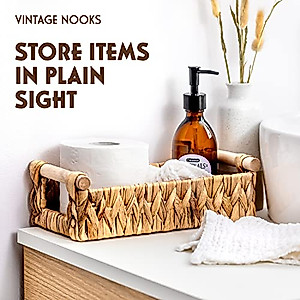 Toilet Paper Basket for Back of Toilet - Set of Two Small, Wicker, Hyacinth Bathroom Baskets for Toilet Paper and Towel Storage (Color: Light Brown)