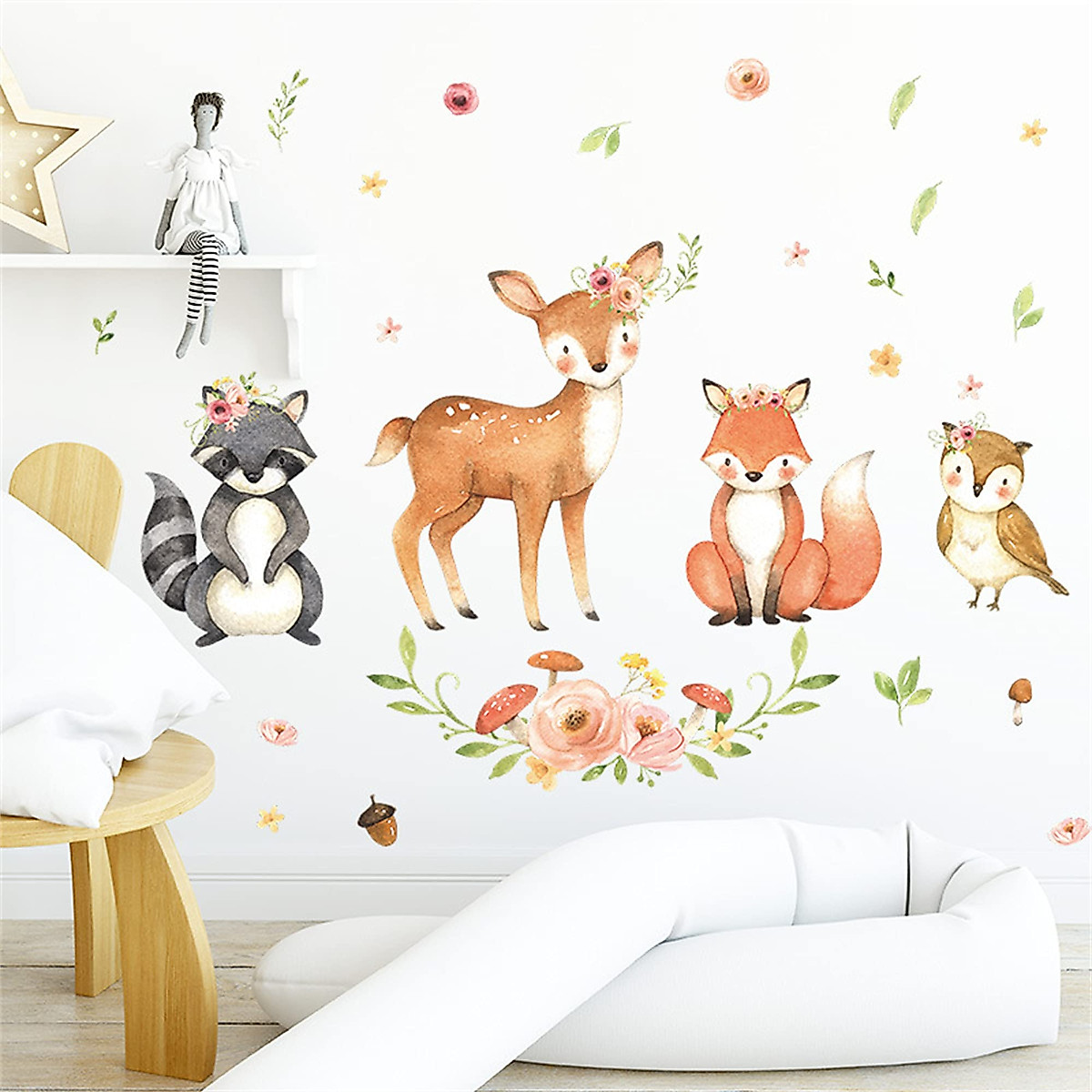 ROFARSO Cute Cartoon Lovely Woodland Animal Wall Sticker for Kid Removable Raccoon Deer Fox Owl Wall Decal DIY Decoration for Nursery Baby Boy Girl Bedroom Playroom Living Room