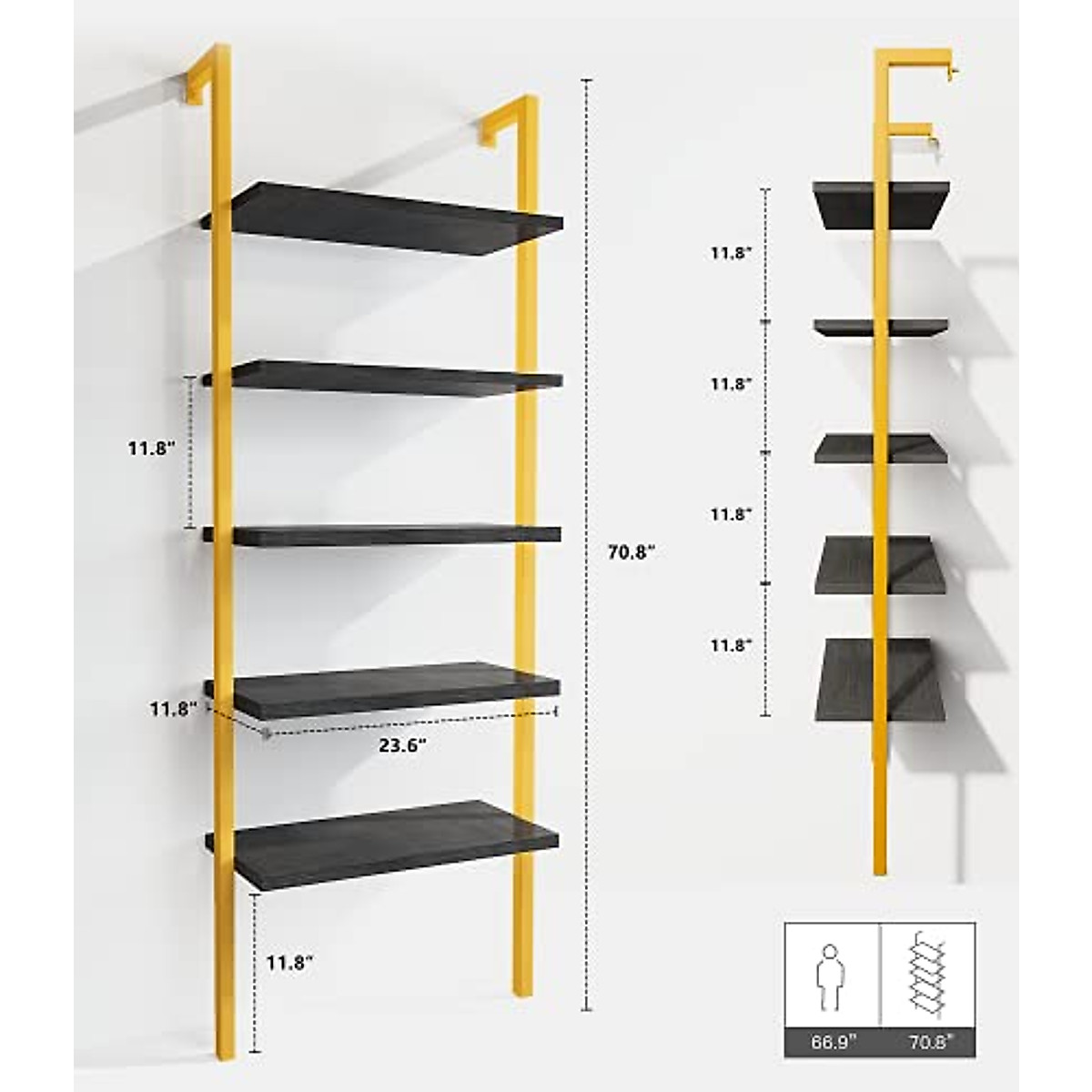 DKLGG 5-Tier Book Shelf Rack Against The Wall, Tall Ladder Shelf Wooden Bookcase Metal Frame Storage Plant and Flower, Single Standing Bookshelf Ladder ​for Living Room, Bedroom, Balcony, Home Office
