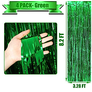 4 Pack Green Foil Fringe Curtain Backdrop, 3.28Ft x 8.2Ft Metallic Tinsel Foil Fringe Streamer Curtains for Photo Booth Props Decor Party Supplies