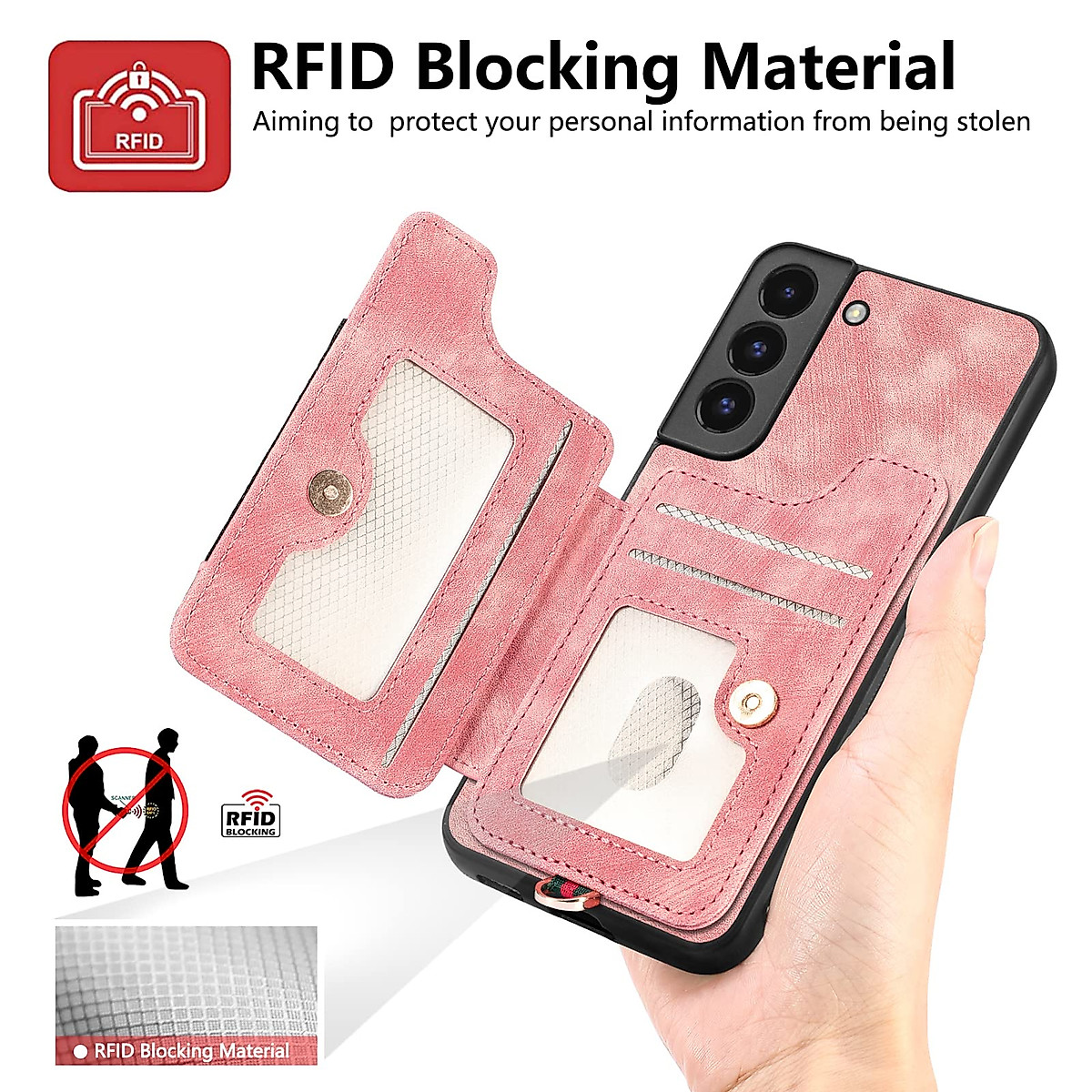 Phone Case for Samsung Galaxy S22 Plus S22+ 5G Wallet Cover with Screen Protector and Wrist Strap Lanyard RFID Credit Card Holder Ring Stand Cell Accessories S22+5G S22plus 22S + S 22 22+ Women Pink