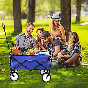 Arlopu Collapsible Folding Wagon Cart, Outdoor Park Utility Garden Wagon with 2 Cup Holders, Heavy Duty Portable Picnic Camping Cart for Shopping, Sport, Beach, Camping, Grocery, 150 LBS (Blue)
