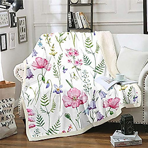 Pink Poppy Sherpa Blanket Poppy Floral Fleece Throw Blanket for Sofa Couch Bed Botanical Floral Printed Plush Blanket Ultra Soft Decor Colorful Wild Flowers Fuzzy Blanket Twin 60x80 Inch