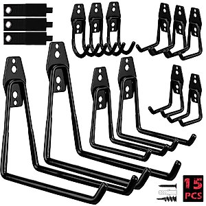 Garage Tool Storage Wall Hook Assortment Set: 15PCS Heavy Duty Large Hanger Garden Tool Organizer Ladder Bike Rack Yard Tool Holder Shed Shovel Metal Screw Organization Bicycle Steel Bracket
