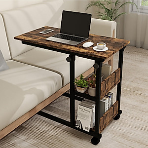 FLEXISPOT Adjustable C Table with Wheels, Mobile Snack Side End Table Sofa Couch Bedside Table Laptop Rolling Cart TV Tray Night Stand with Storage Shelves for Small Space Side Table,Rustic Brown