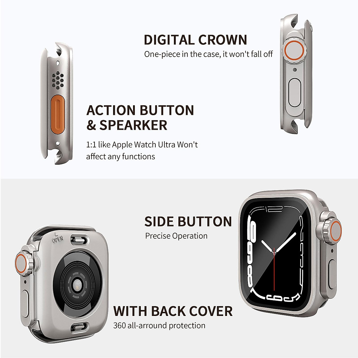 Yolovie 2 in 1 Waterproof Case Compatible for Apple Watch 45mm Screen Protector Series 9/8/7 [ Looks Like Ultra Style Case ] iWatch Tempered Glass Protective PC Back Cover Accessories 45mm, Titanium