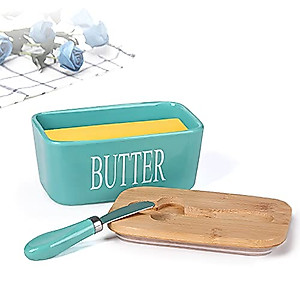 Ceramic Butter Dish with Wooden Lid, Lxmons Large Butter Container Keeper Storage with Stainless Steel Butter Knife Spreader, Bamboo Cover and Silicone Sealing Ring for West East Coast Butter, Green