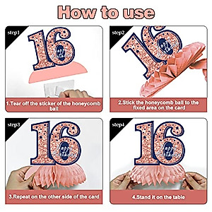 Rose Gold Navy Blue 16th Birthday Decorations Table Centerpieces for Women Girls, 8Pcs Happy 16 Birthday Honeycomb Centerpiece Party Supplies, Sweet 16 Birthday Table Toppers Sign Decor