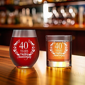 Perfectinsoy 40 Years Happy Anniversary Whiskey Glass and Stemless Wine Glass Gift Set, 40th Anniversary Wedding Gift For Mom, Dad, Soulmate, Couple, 40 Years Gifts, Happy 40th Anniversary