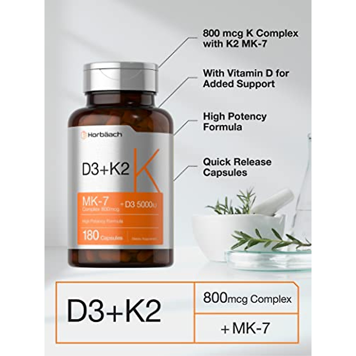 Vitamin K2 MK7 with D3 | 180 Capsules | 800 mcg Complex Plus MK4 | 5000 IU of D3 | Non-GMO, Gluten Free | Vitamin Supplement by Horbaach