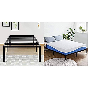 Olee Sleep 18 Inch Tall Heavy Duty Steel Slat/Anti-Slip Support/Easy Assembly/Mattress Foundation/Maximum Storage, Black & 10 Inch Gel Infused Layer Top Memory Foam Mattress, Twin, Blue