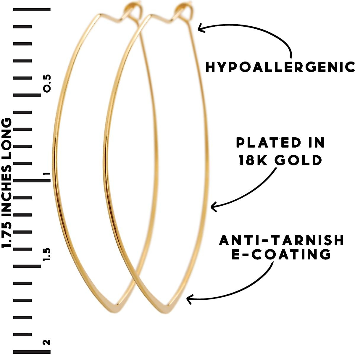 Humble Chic Geometric Marquise Threader Hoops - Hypoallergenic 18K Gold Plated Medium Hoop Earrings for Women - Lightweight Oval Leaf Elliptical Loop Statement Drop Dangles, 1.75" inch - 18K Yellow