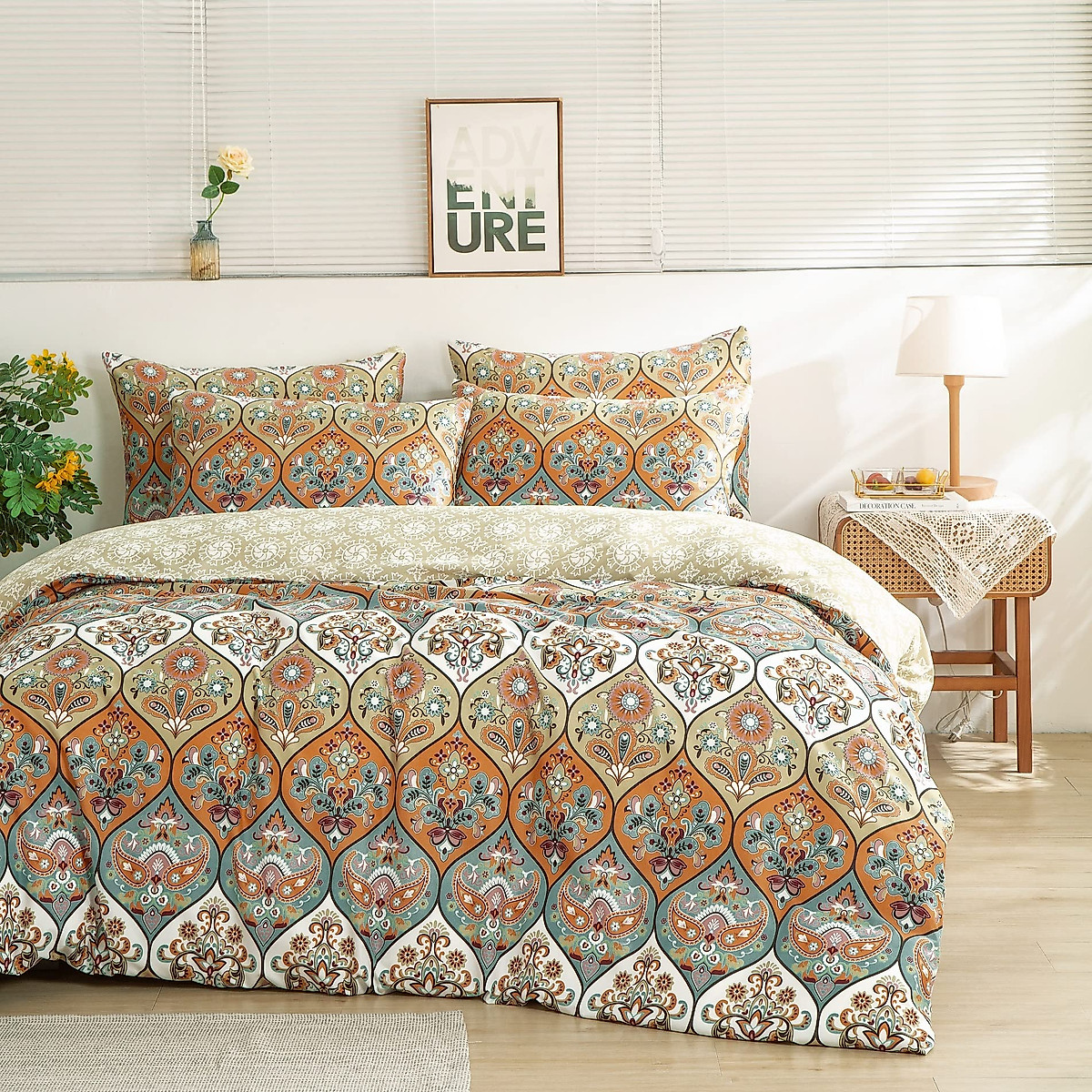 DaDa Bedding Bohemian Duvet Cover w/Pillow Cases - Reversible Coral Teal Floral Paisley Botanical Garden Party - Bright Vibrant Multi-Colorful Blue Salmon Pink - Full - 3-Pieces