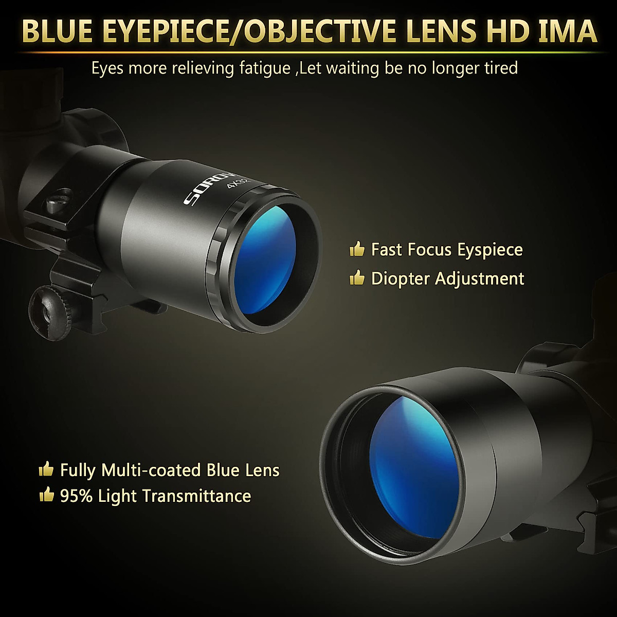 SOROVEE 4x32 Compact Rifle Scope,Airsoft Scope Crosshair Optics,Hunting Gun Scopes with 20mm Free Mounts,Ajustable Diopter,Windage and Elevation