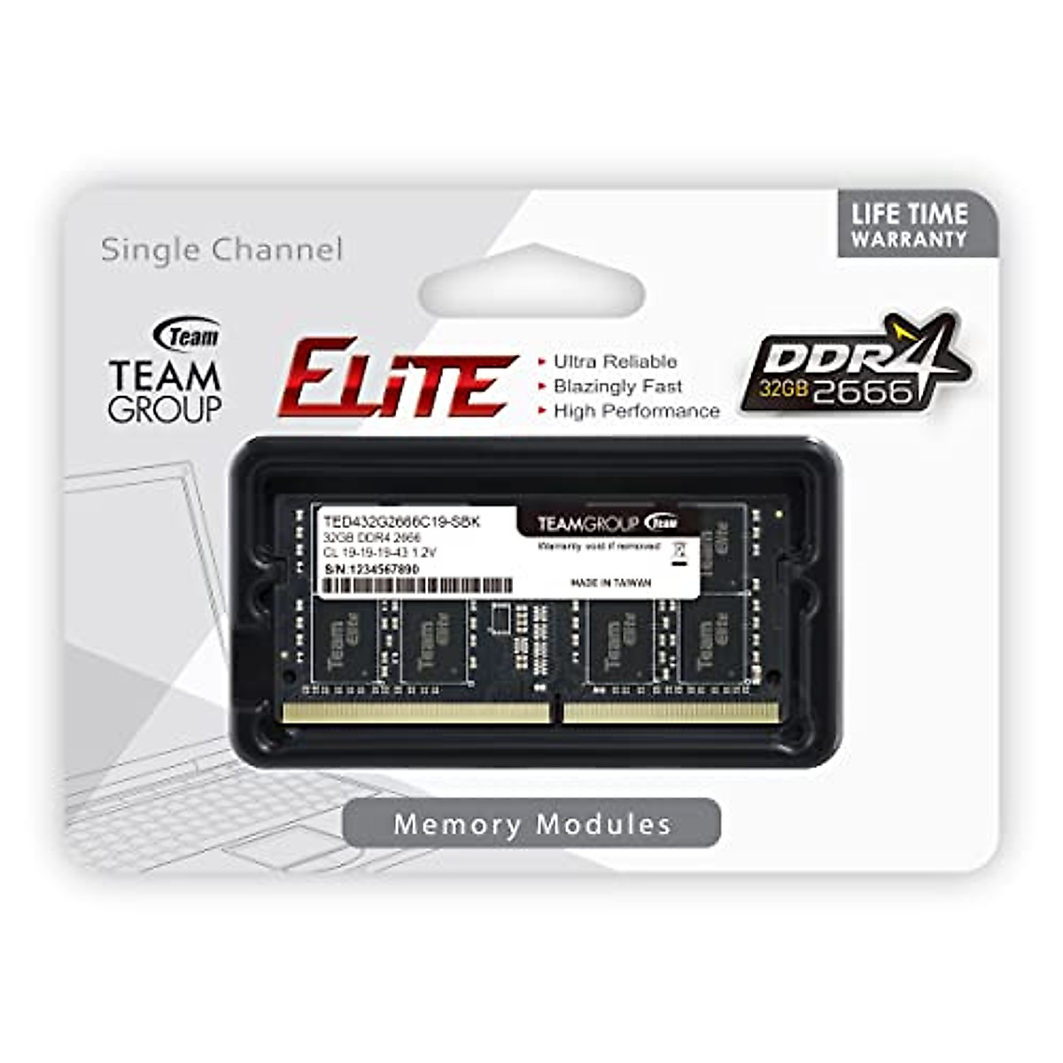 TEAMGROUP Elite DDR4 32GB Single 2666MHz PC4-21300 CL19 Unbuffered Non-ECC 1.2V SODIMM 260-Pin Laptop Notebook PC Computer Memory Module Ram Upgrade - TED432G2666C19-S01