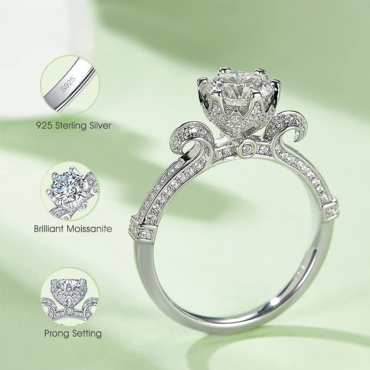 Gem's Beauty Blue Moissanite Rings Wedding Promise Ring for Women 18K White Gold Plated 925 Sterling Silver 1.0Ct Antique Style Moissanite Halo Engagement Rings Christmas Gifts for Her(Size 8)