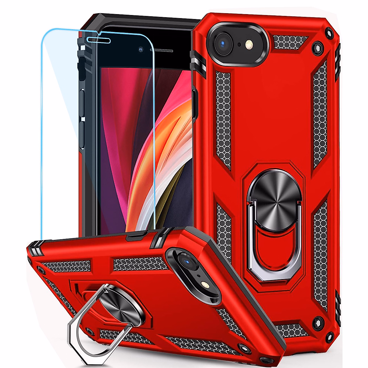 SunStory for iPhone SE 2022 Case, iPhone SE 2020/8/7 Case with HD Screen Protector & Magnetic Ring Kickstand,[Military Grade] Cover for iPhone SE 2022/SE 2020/8 /7 Phone (Red)