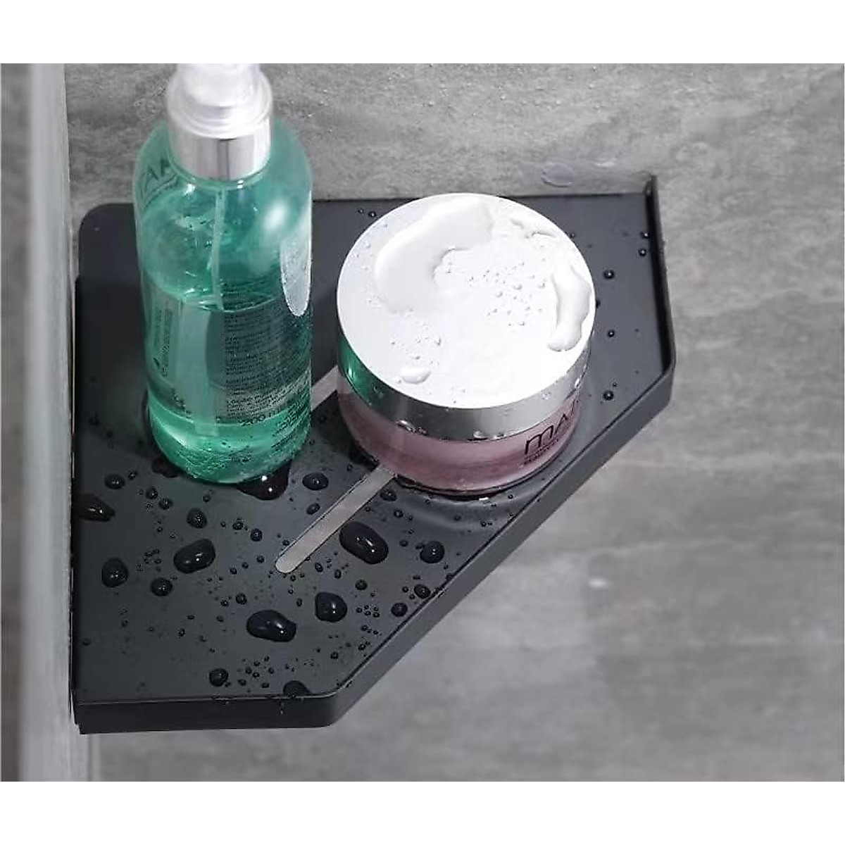 LecuSyn Bathroom Corner Shower Caddy Stainless Steel Shelf Wall Mount Triangular, Drill Free with Glue or Wall Mount with Screw（Black）