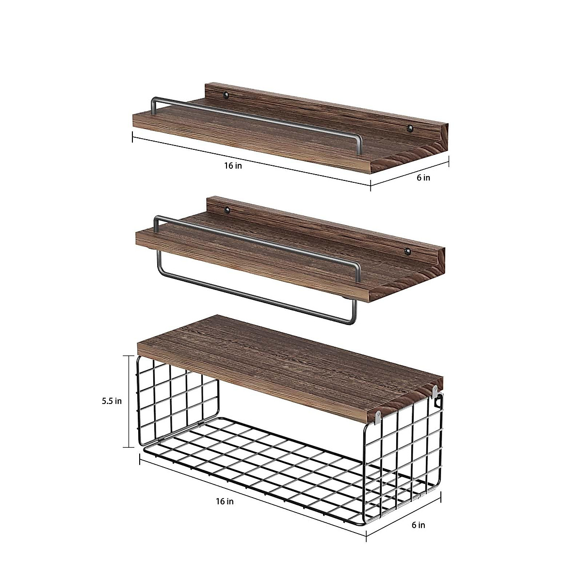 RYOFOBETTO Bathroom Shelves, Floating Shelves Over Toilet Paper Holder, Wall Mounted Rustic Wood Storage Basket Shelves for Bedroom, Living Room & Kitchen, Set of 3 (Brown)