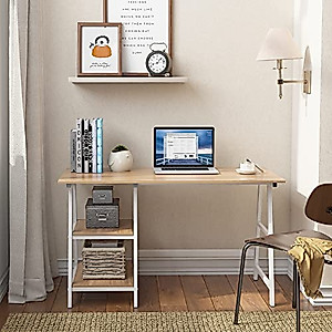 SogesHome Computer Desk 47inches Trestle Desk PC Desk with Shelf Office Desk Workstation for Home Office Use Writing Table, Oak, Tplus-120OK-SH