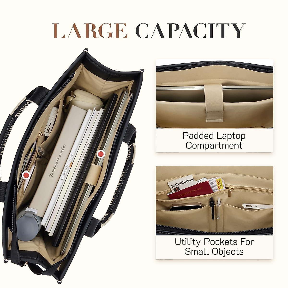 Missnine Tote Bag Canvas Laptop Bag 15.6 inch Briefcase for Women Large Capacity Handbag for Office, College, Travel (Beige+black)