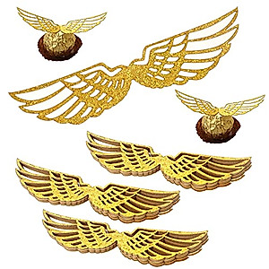 50 Pcs Golden Snitch Wings with Glue Circles Glitter Wizard Party Chocolate Decoration Golden Wings Chocolate Decor Hollowed Party Supplies for Birthday Wizard Theme Party Supplies