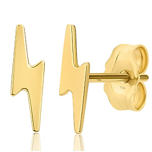 Solid 14K Gold Lightning Bolt Studs Dainty Small Earrings, Polished Finish, 8mm (Yellow Gold)