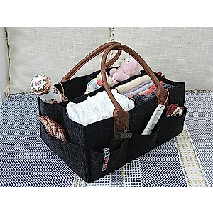Mysa Felt Baby Diaper Caddy Car Organizer with Vegan Leather Handle for Diapers and Baby Wipes For Changing Table Nursery Storage Bin Basket, Baby Shower Gift Suitable For Indoor Outdoor (BLACK)