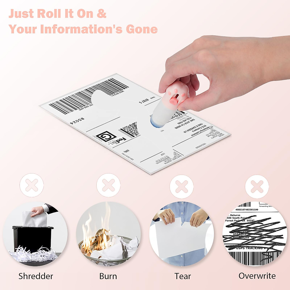 JoyChoi Mini Cute Box Cutter & Identity Theft Protection Roller Stamp - 10ML Thermal Paper Correction Fluid Included - 1 Pack Pink