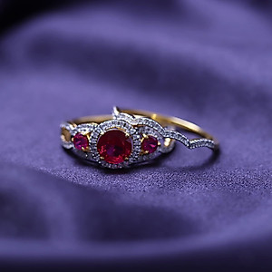 GEMVIO Collection Three Stone Ring, Round Cut Lab Created Ruby Gemstone & Natural Diamond Halo Bridal Set Engagement Ring In 14K Yellow Gold Over Sterling Silver Wedding Band Ring-8