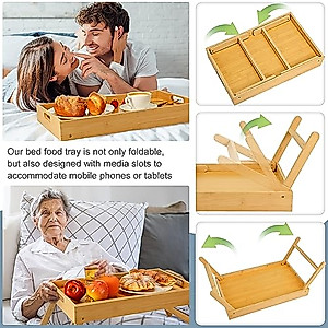 Leinuosen 2 Pcs Large Bed Tray Table with Media Slot 19.7 Inch Bamboo Breakfast Food Tray with Handles Folding Legs Portable Laptop Pad Desk TV Snack Tray for Eating, Reading, Working
