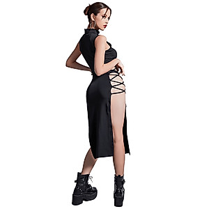 Verdusa Women's Crisscross High Split Mock Neck Sleeveless Midi Bodycon Dress Black L