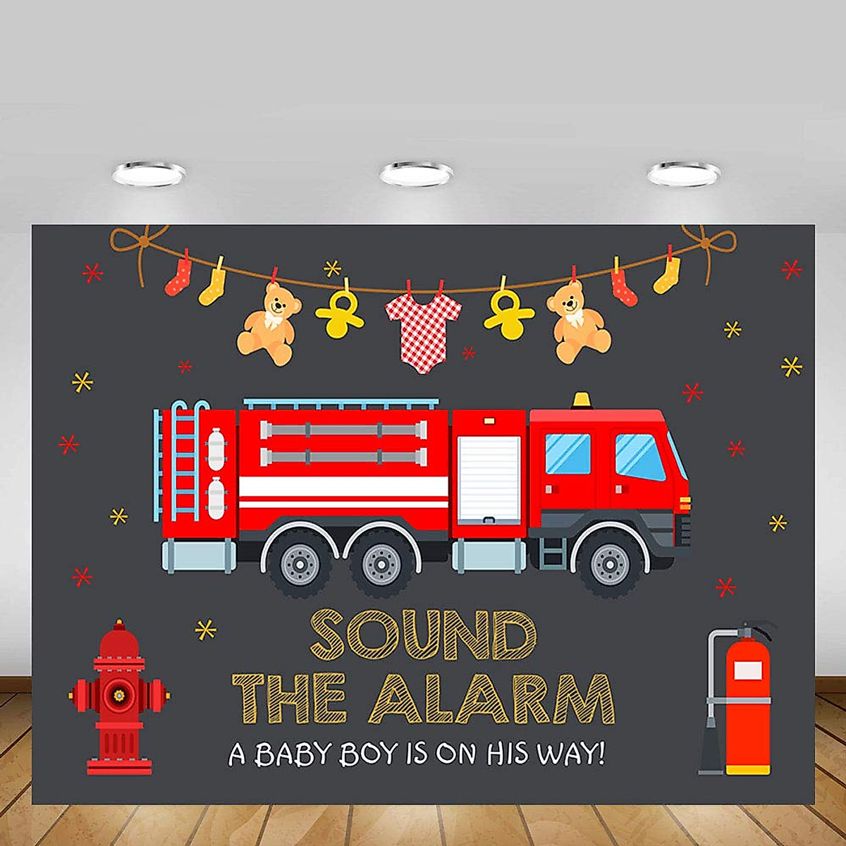 MEHOFOND Fire Truck Boy Baby Shower Photo Backdrop Firetruck Sound The Alarm Firefighter Little Fireman Red and Black Party Decorations Photography Background Banner for Dessert Table Supplies 7x5ft