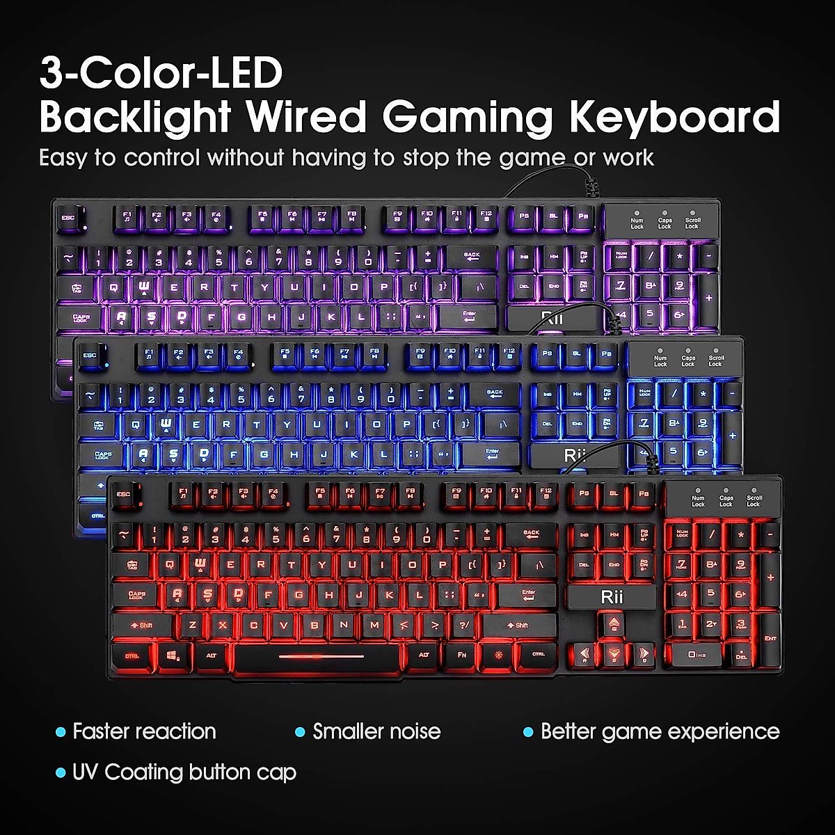 Rii RK100 3 Colors LED Backlit Mechanical Feeling USB Wired Multimedia Office Keyboard For Working or Primer Gaming,Office Device (Renewed)
