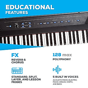 Alesis Recital – 88 Key Digital Piano Keyboard with Semi Weighted Keys, 2x20W Speakers, 5 Voices, Split, Layer and Lesson Mode, FX and Piano Lessons