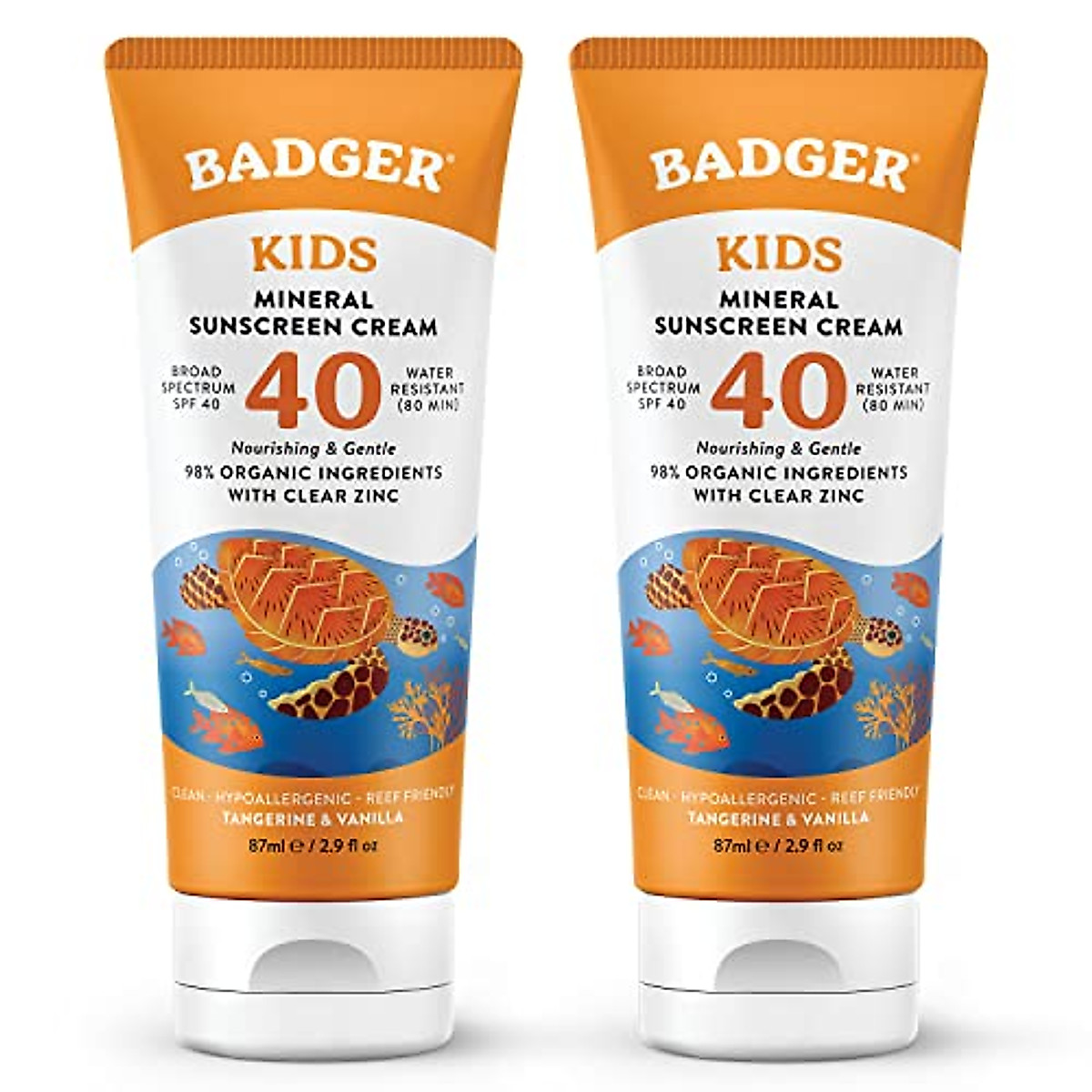Badger Kids Sunscreen Cream SPF 40, Organic Mineral Sunscreen Kids Face & Body with Zinc Oxide, Reef Friendly, Broad Spectrum, Water Resistant, 2.9 fl oz (2 Pack)