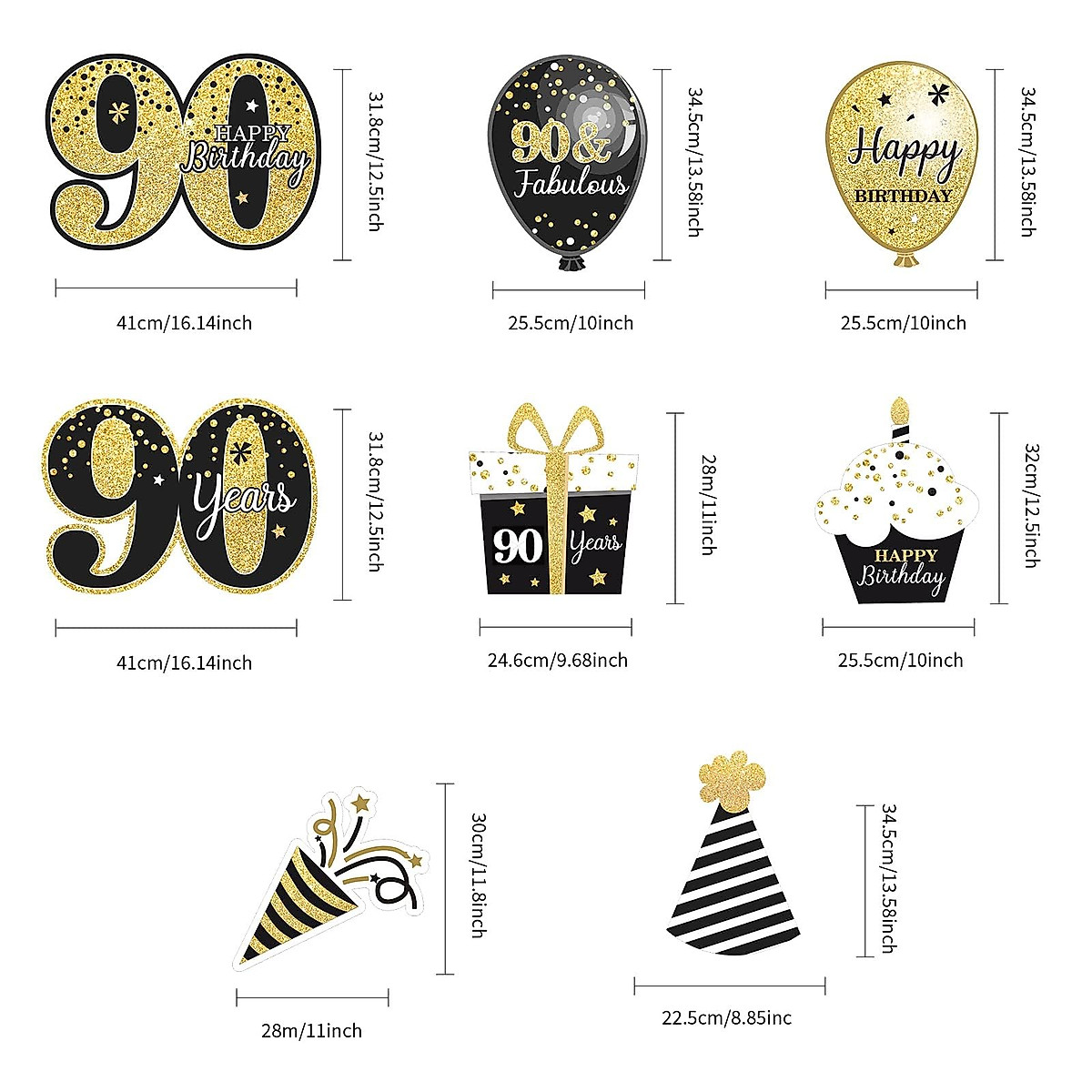 Happy 90th Birthday Yard Signs Set of 8, Black Gold 90th Birthday Decorations for Men, 90 Birthday Lawn Signs with Stakes and Outdoor Lawn Decorations