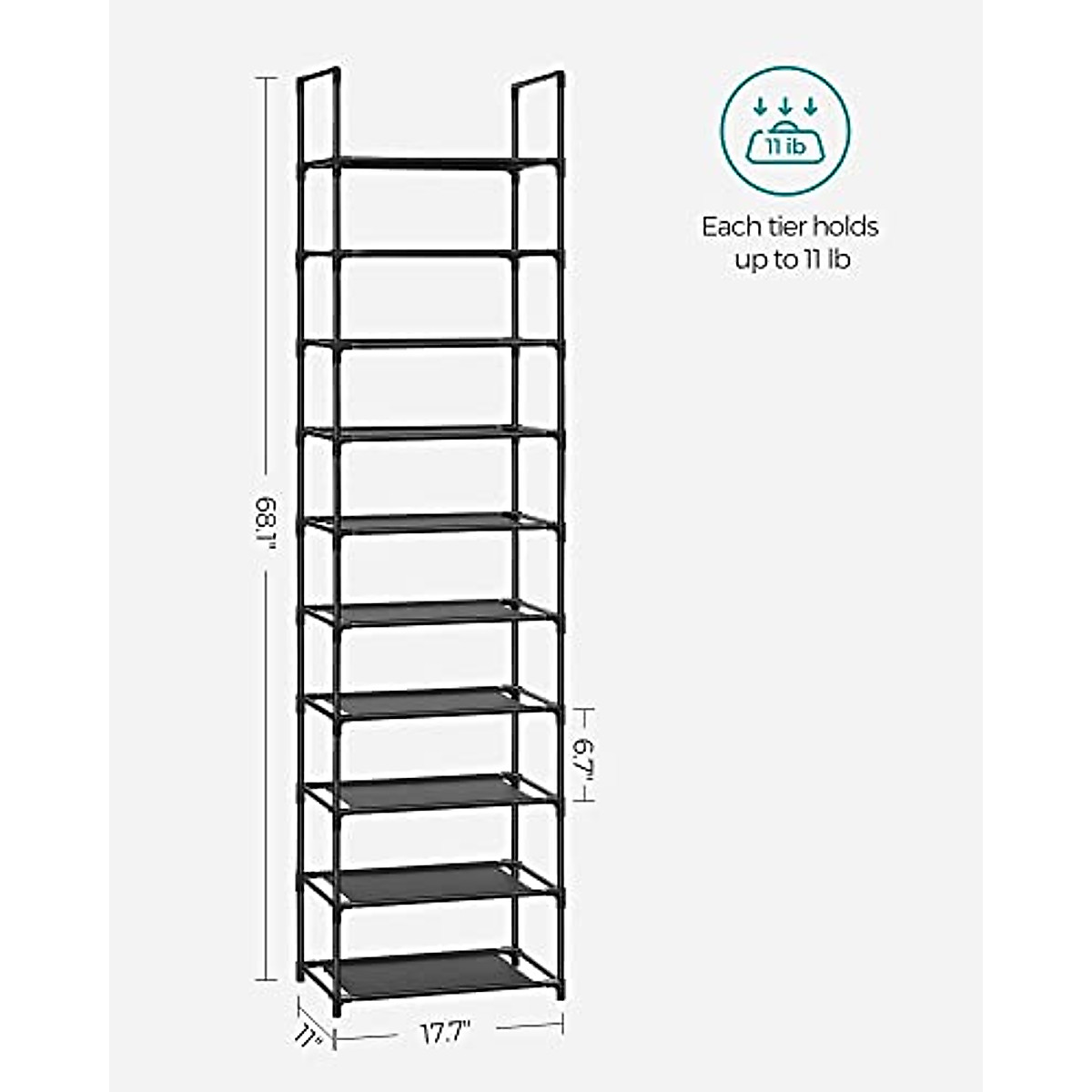 SONGMICS Shoe Rack, 10 Tier Shoe Shelf, Shoe Storage Organizer, Space-Saving, 11 x 17.7 x 68.1 Inches, Metal Frame, Non-Woven Fabric Shelves, for Entryway, Bedroom, Black ULSH010B02